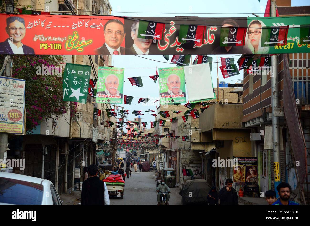 Banners and flags of different political parties has been placed on ...