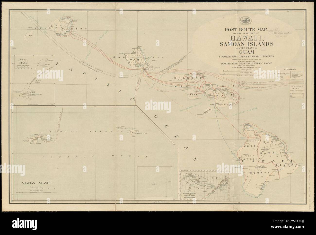1903 Post route map of the territory of Hawaii, Samoan Islands and the ...