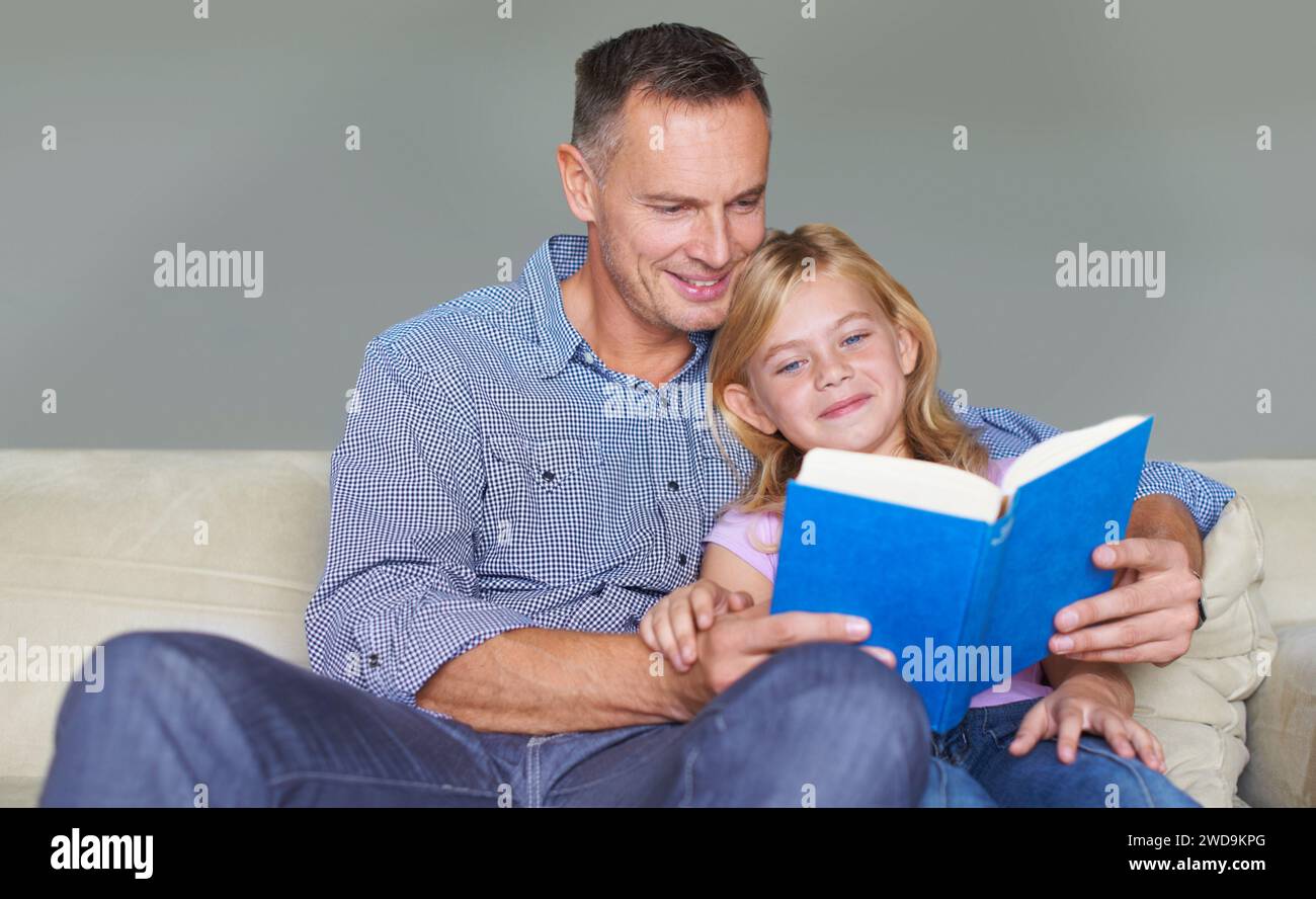 Father, child and reading book for knowledge at home, story and fantasy ...