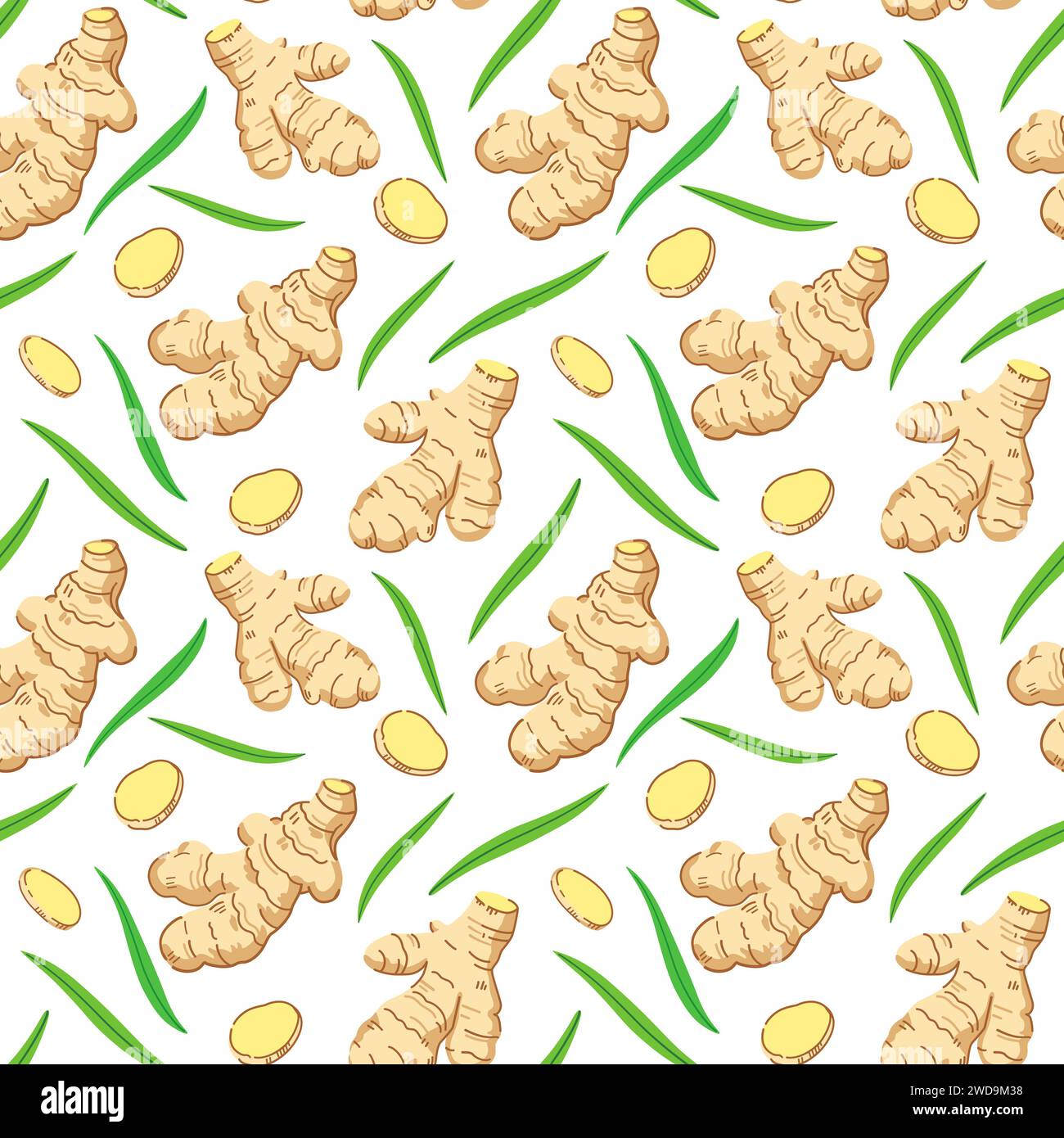 Seamless pattern with ginger roots, slices and leaves. Vector ...