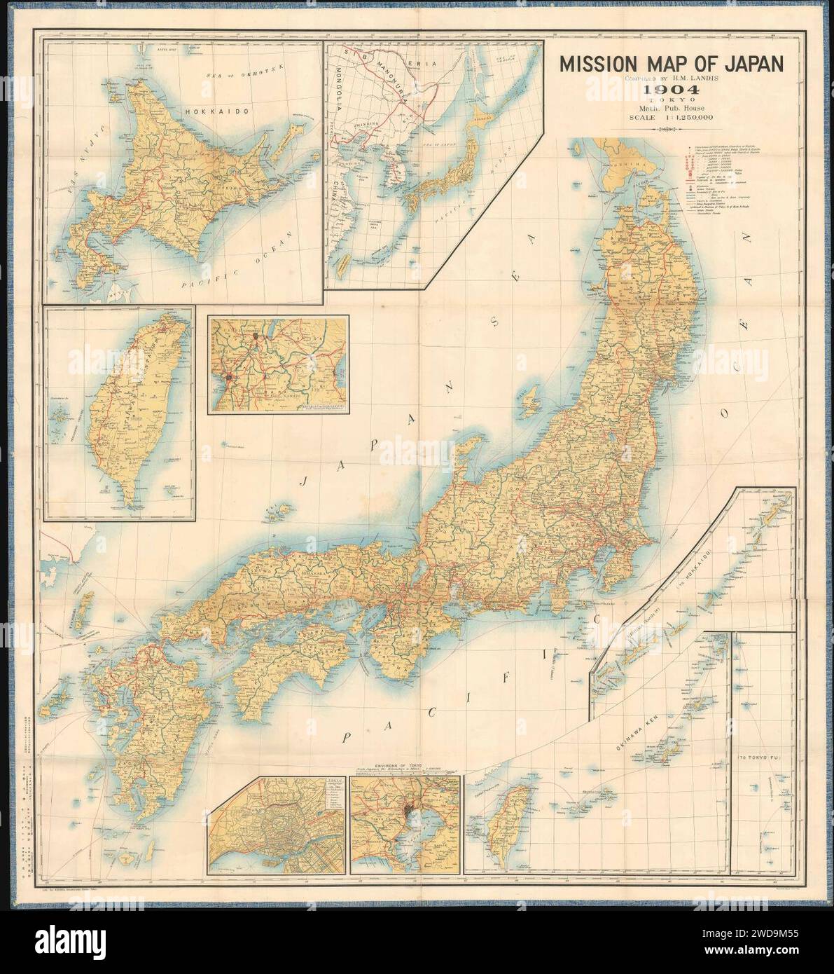 1904 Landis Missionary Wall Map of Japan and Taiwan Stock Photo - Alamy