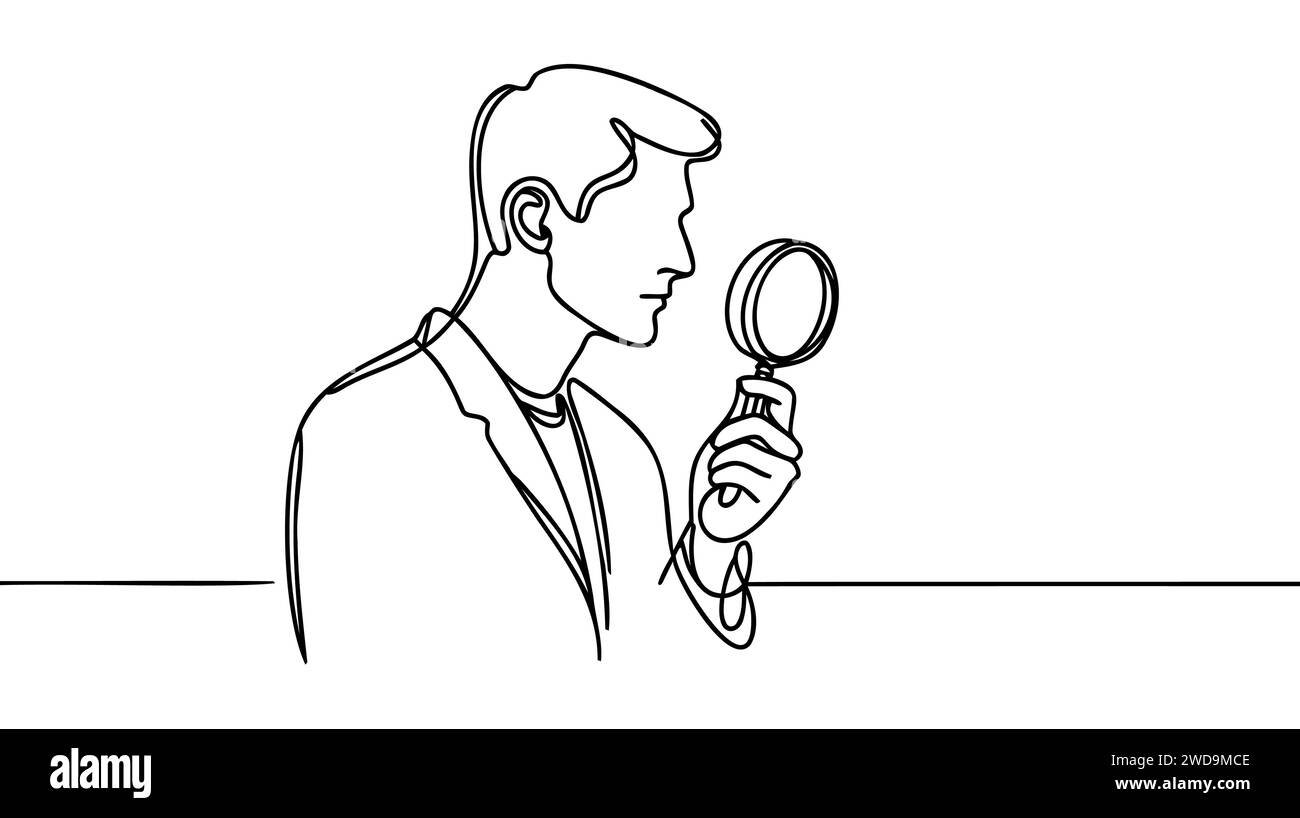 Continuous line drawing of man hold magnifying glass to analyze work ...