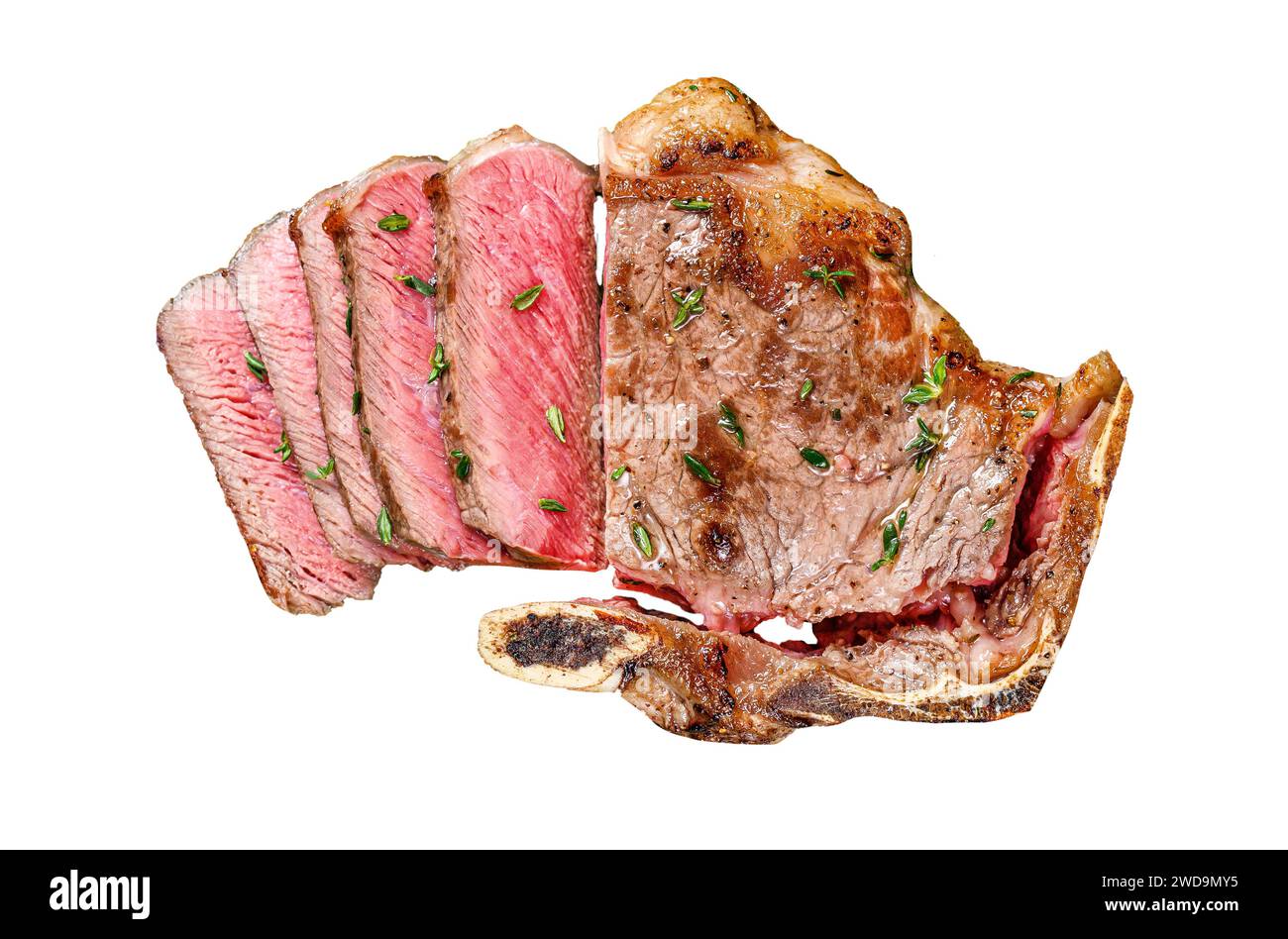 Rare sliced grilled club beef meat steak. Isolated on white background ...