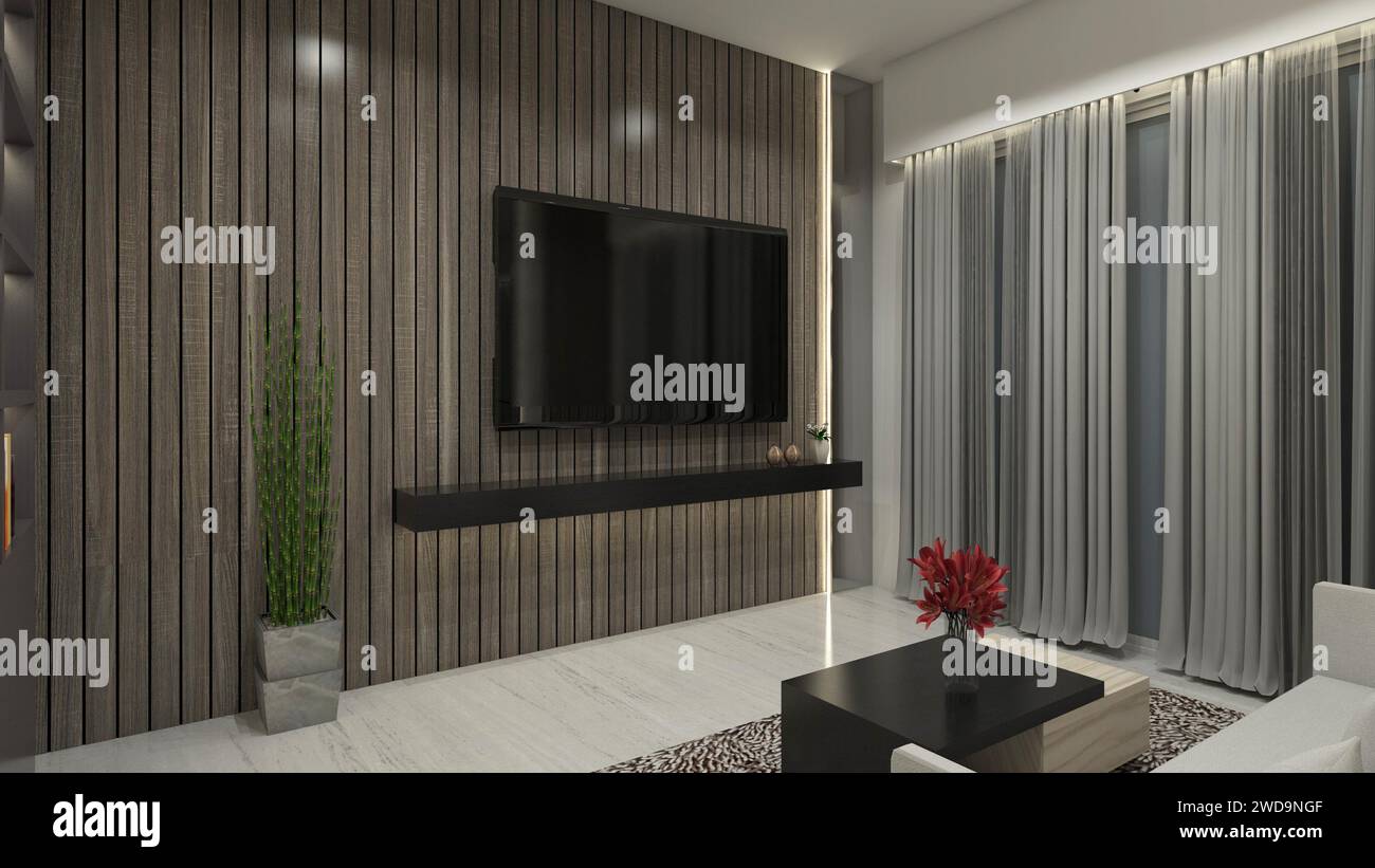 Modern Wooden TV Panel with Simple Shelving Rack Stock Photo - Alamy