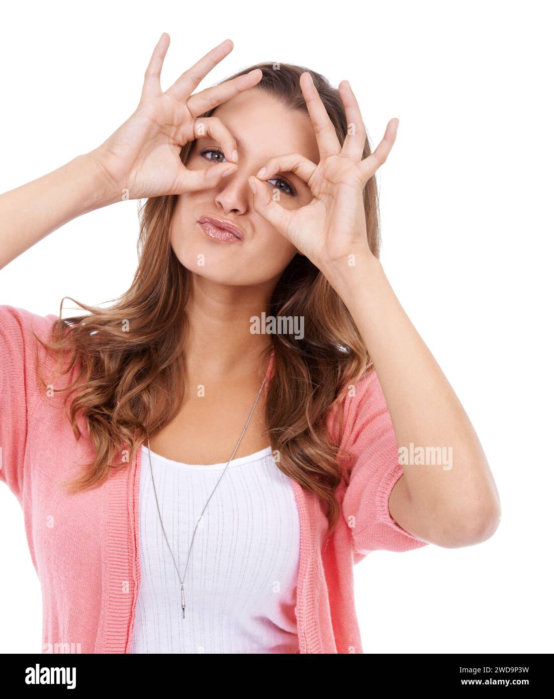 Hand glasses, portrait and woman in studio with funny, silly or goofy ...
