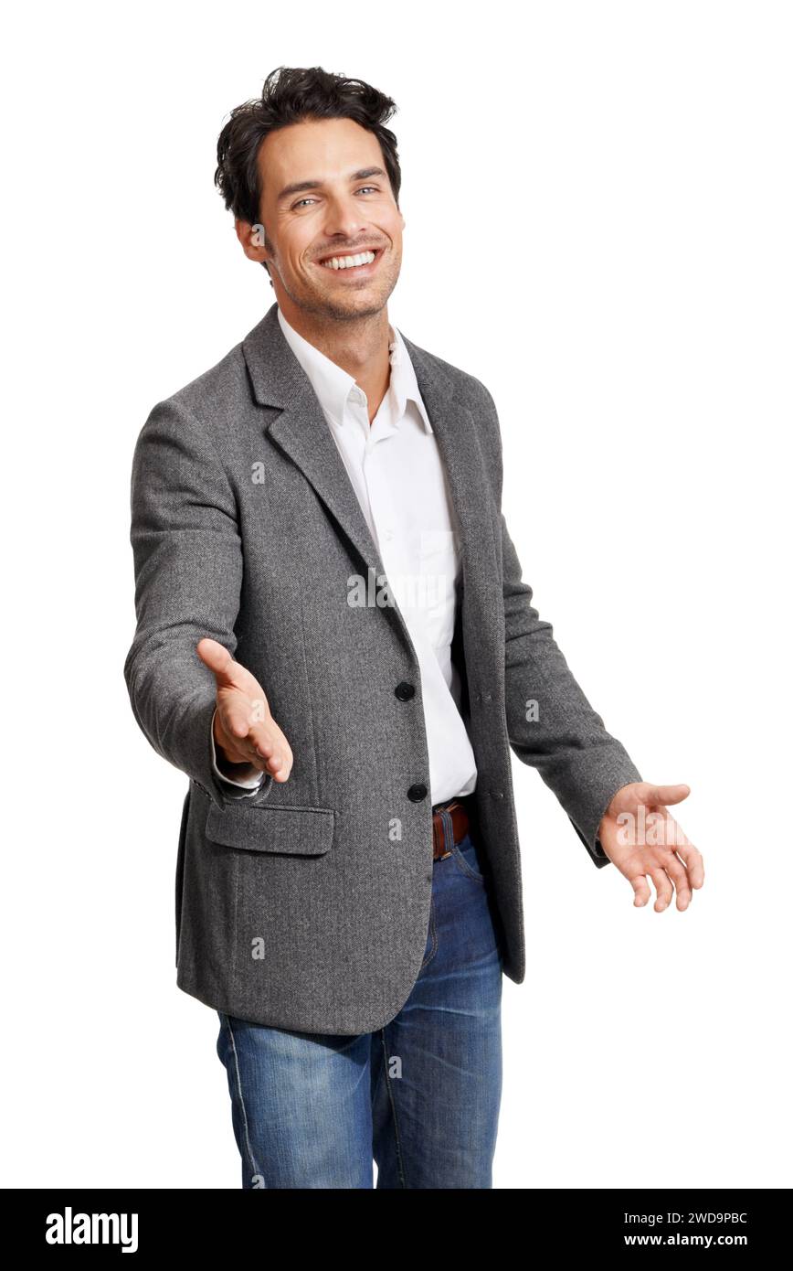 Happy, portrait and business man with handshake offer in studio for ...