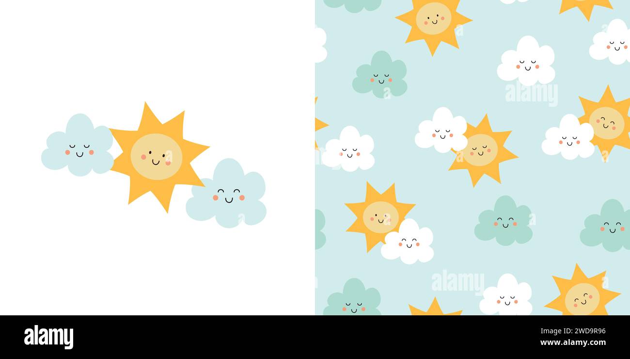Cute smiling sun card and seamless pattern. Background for kids with ...
