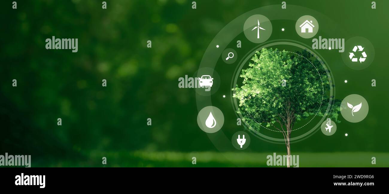 Eco symbols around green tree. Ecology concept, recycling, sustainable ...