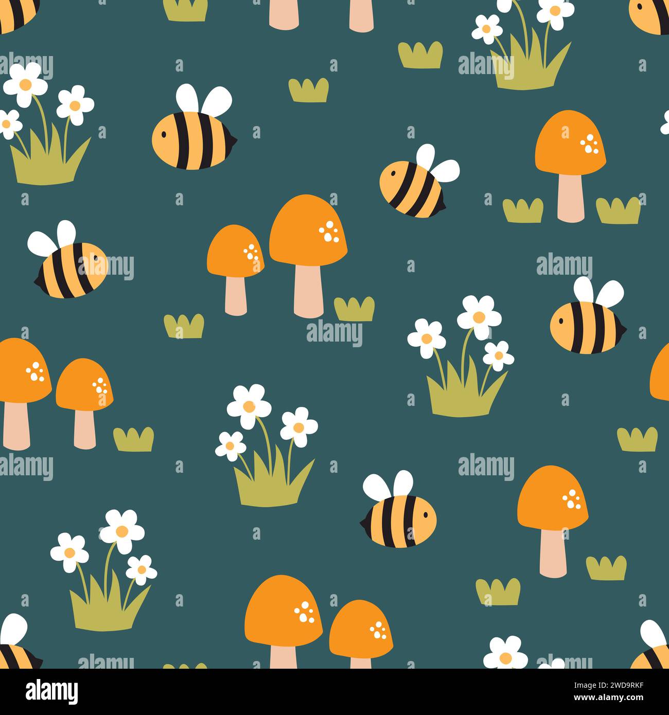 Cute bee seamless pattern. Background for kids with mushrooms, bees and ...