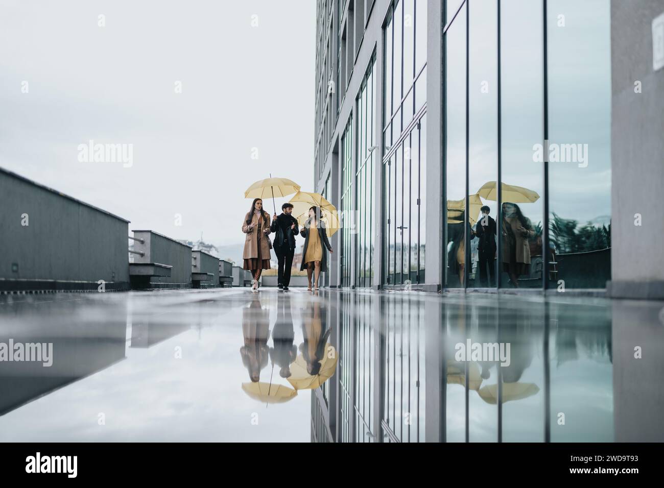 Three professionals walk side by side under yellow umbrellas, reflected ...