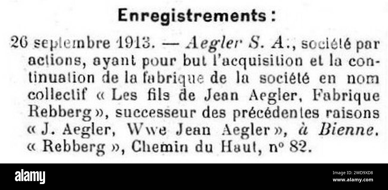 1913 - Aegler SA advert in newspaper Stock Photo - Alamy