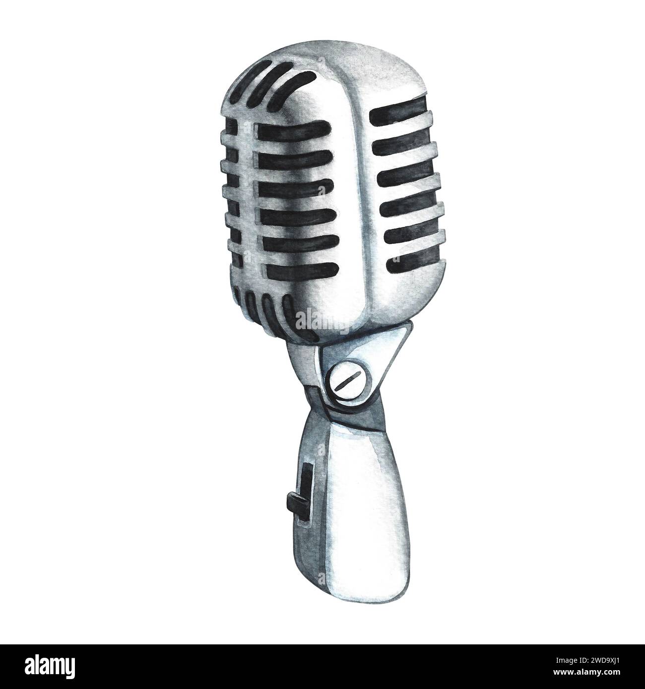 Microphone. Silver retro microphone. The watercolor illustration is ...