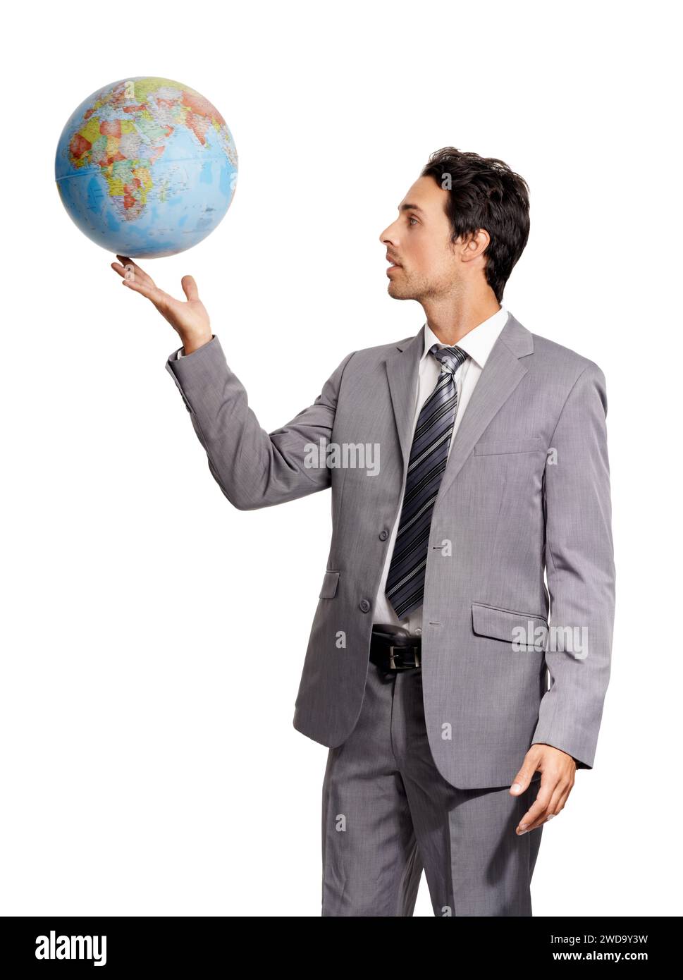 Business man with globe, planet or earth isolated on a white studio ...