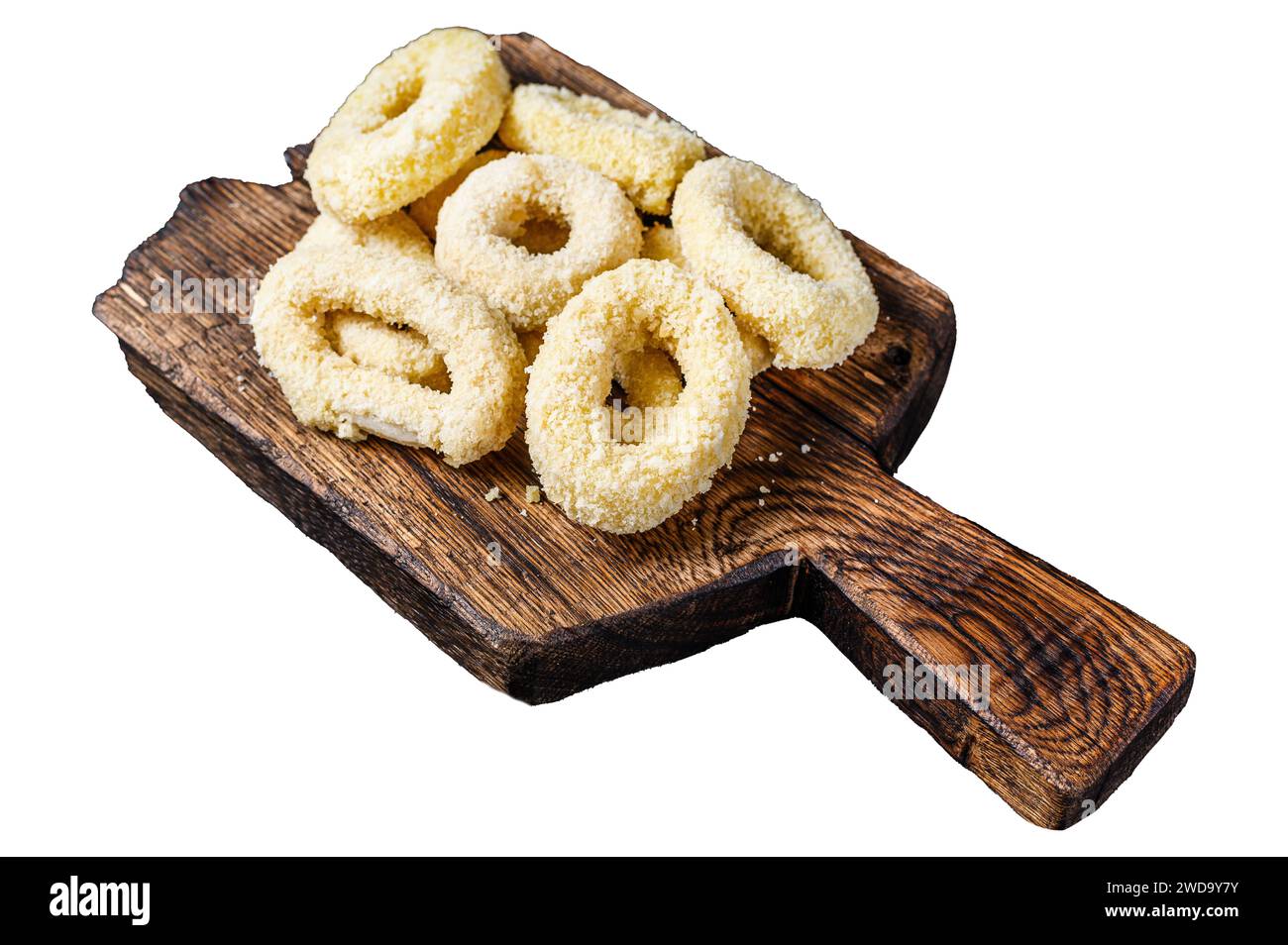 Raw crispy squid rings in breadcrumbs on a cutting board. Isolated on ...
