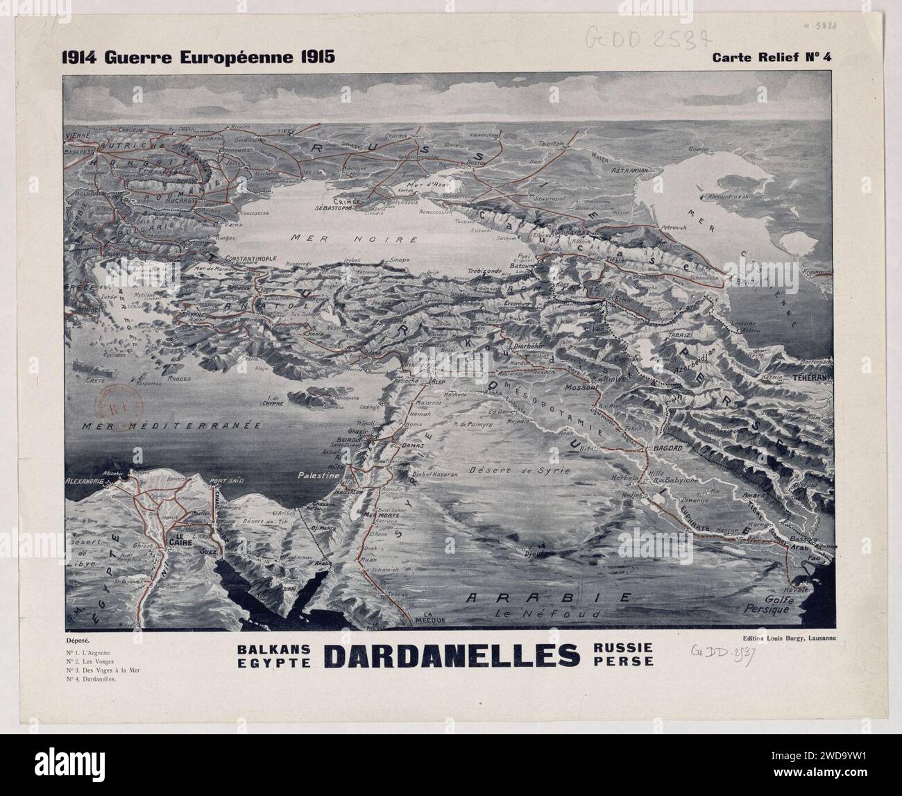1915 bird's eye view map of the Middle Eastern theatre of World War I ...
