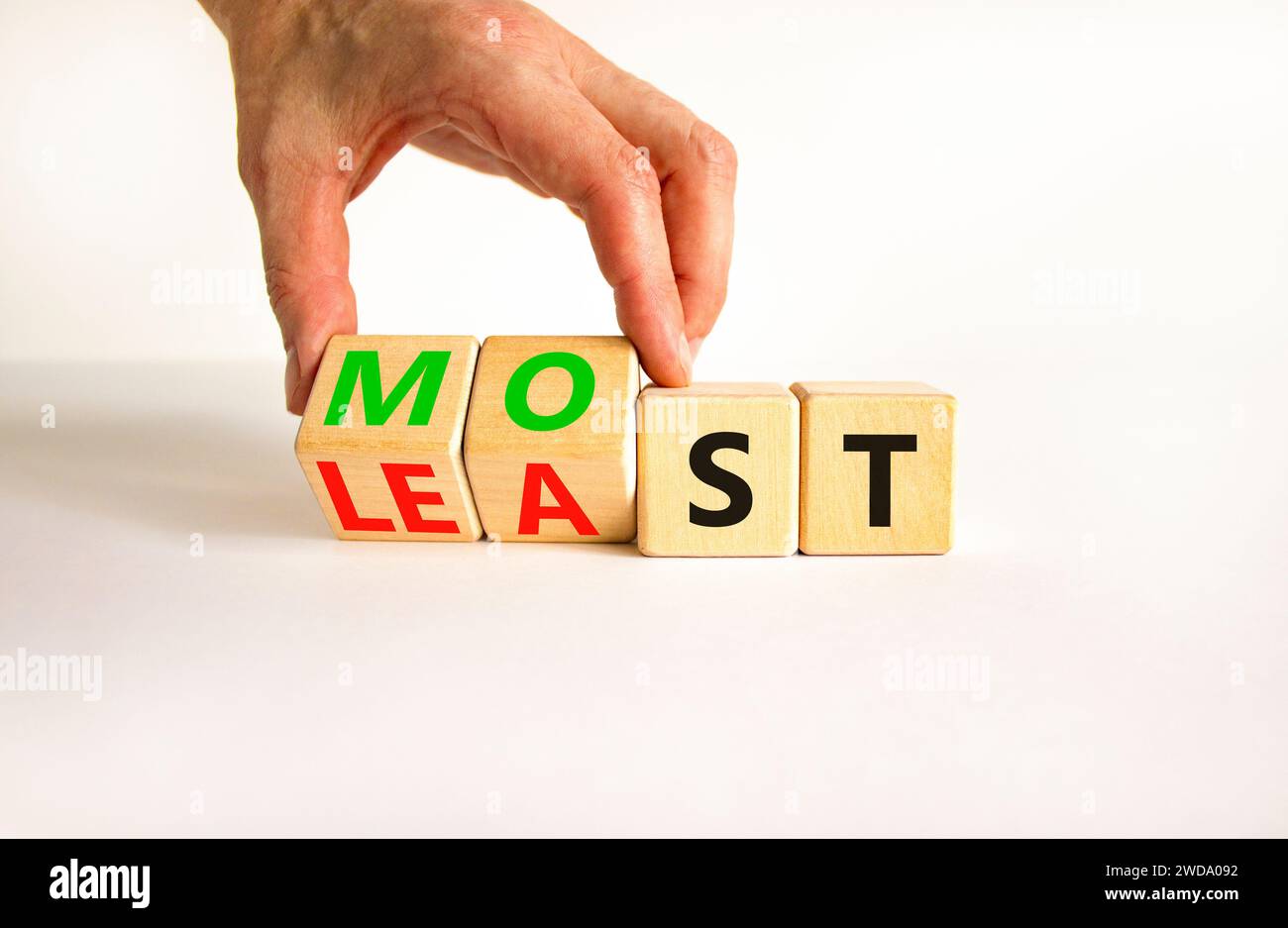 Most or least symbol. Businessman turns beautiful wooden cubes and ...