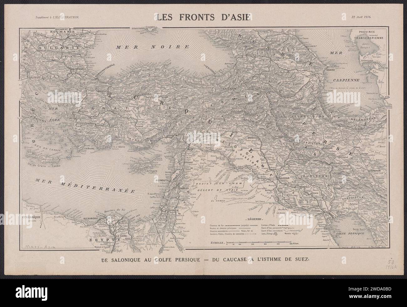 1916 map - Les fronts d'Asie, de Salonique au Golfe Persique du Caucase ...