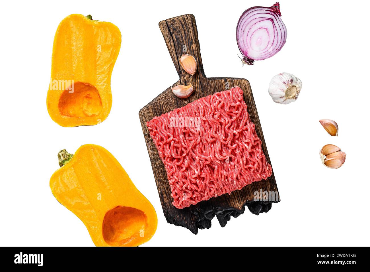 Raw mince meat, pumpkin with garlic and onion. Isolated on white ...