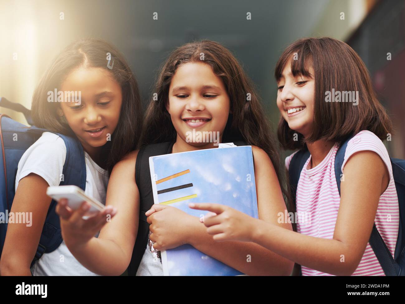 Elementary school, group of friends or girls with phone, reading social ...