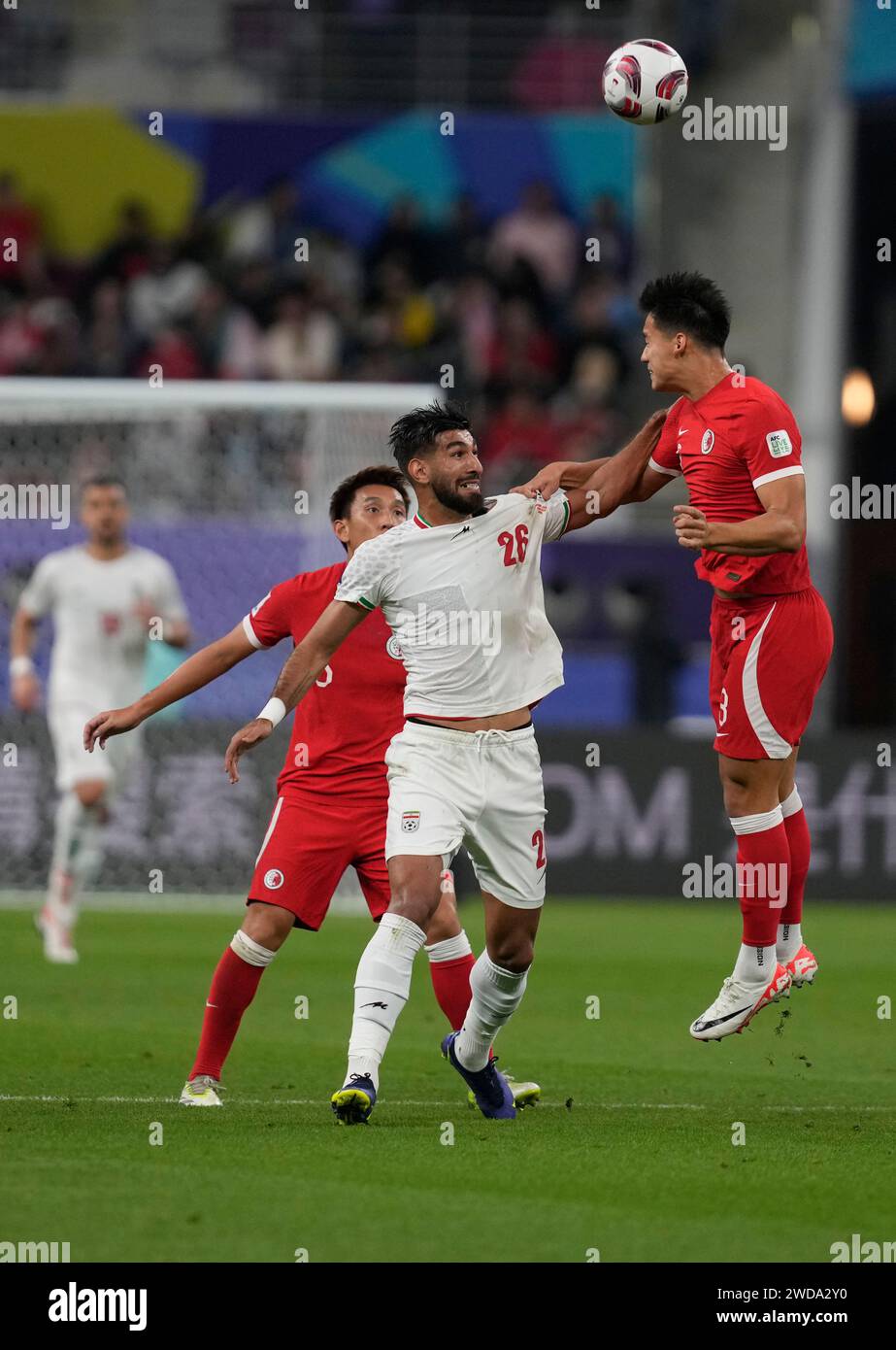 Iran's Shahriyar Moghanloo, center, and Hong Kong's Oliver Benjamin Gerbig, right, fight for the ...