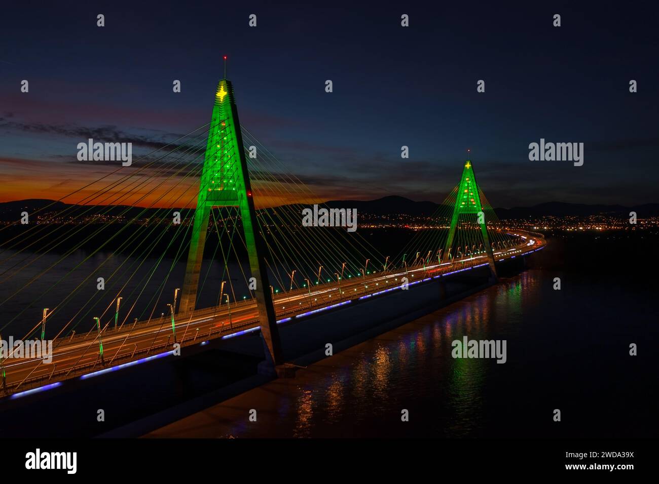 Aerial view about the illuminated Megyeri bridge in a rare christmas ...