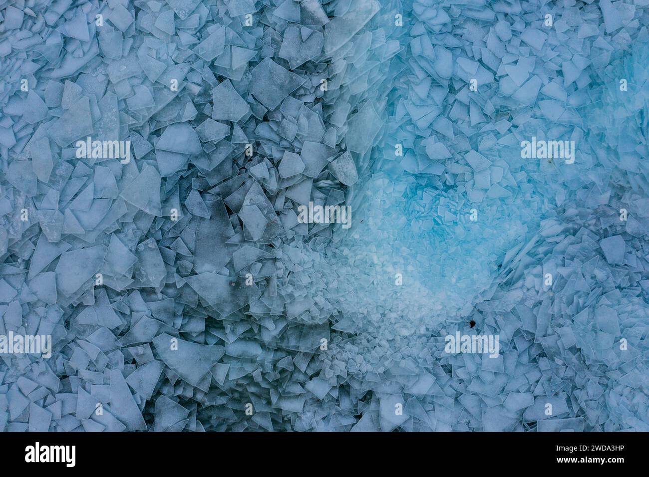 Aerial view about piled up ice floes on lake Balaton at Fonyódliget ...
