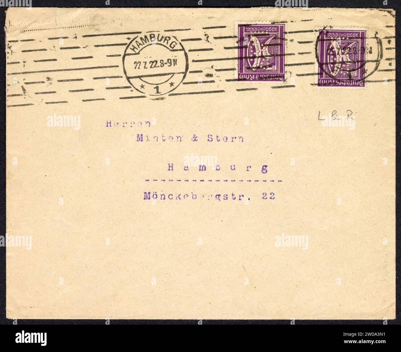 1922-07-22 Cover letter Lisser & Rosenkranz, Hamburg 36 to Minten ...