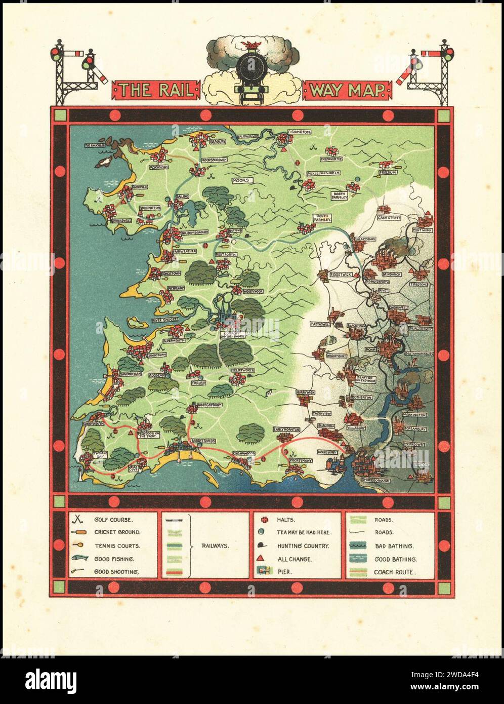 1924 fantasy pictorial map - The Rail Way Map Stock Photo - Alamy