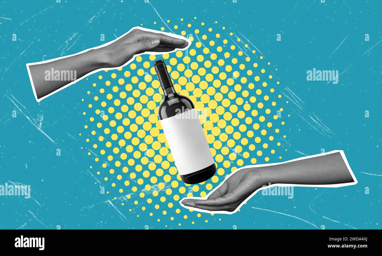 Art collage, hands and a bottle of wine. The concept of fighting ...