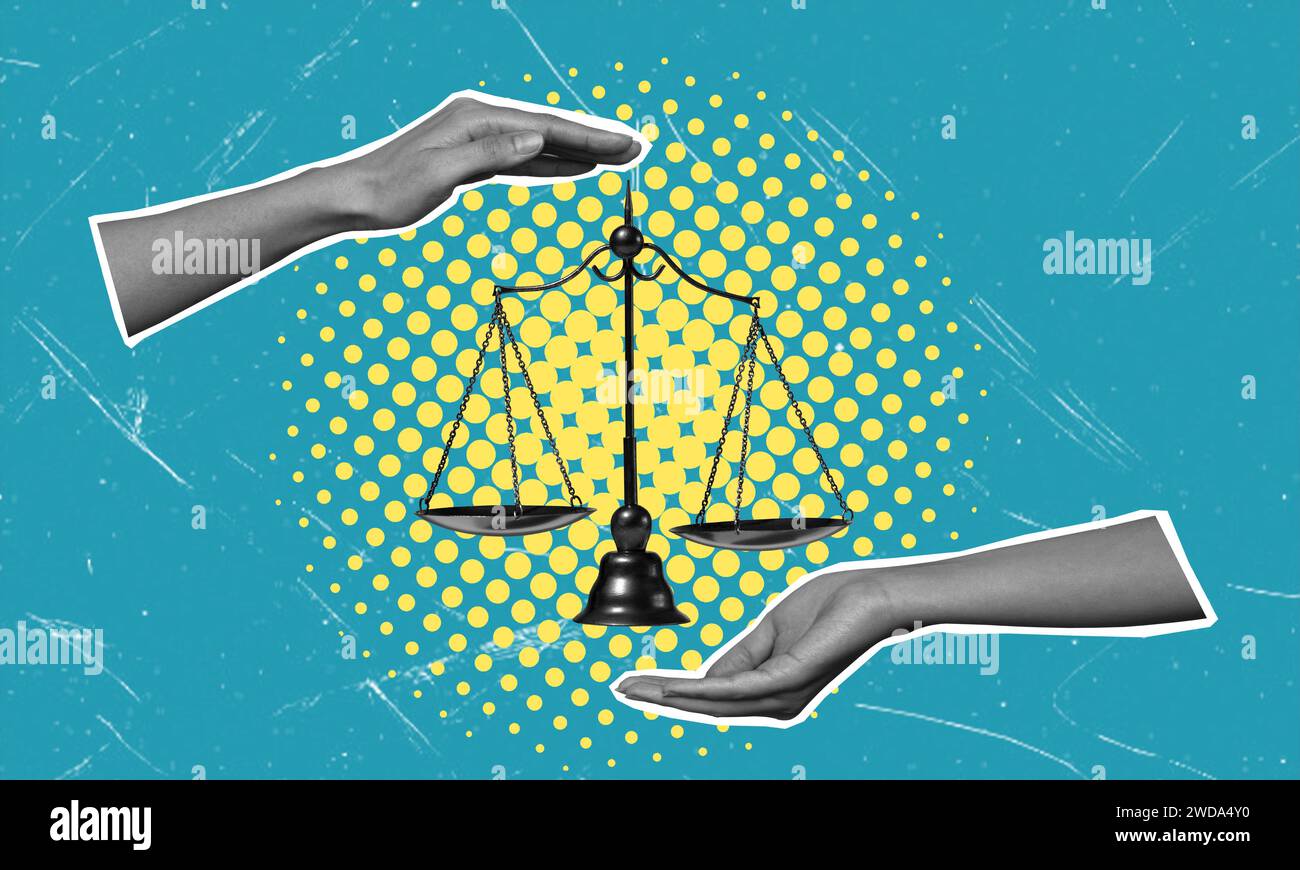 Art collage, hands and scales of justice. The concept of the law of the ...