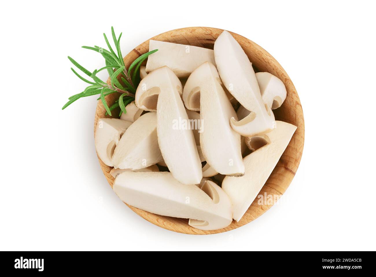 Fresh porcini cep mushroom slices in wooden bowl isolated on white ...