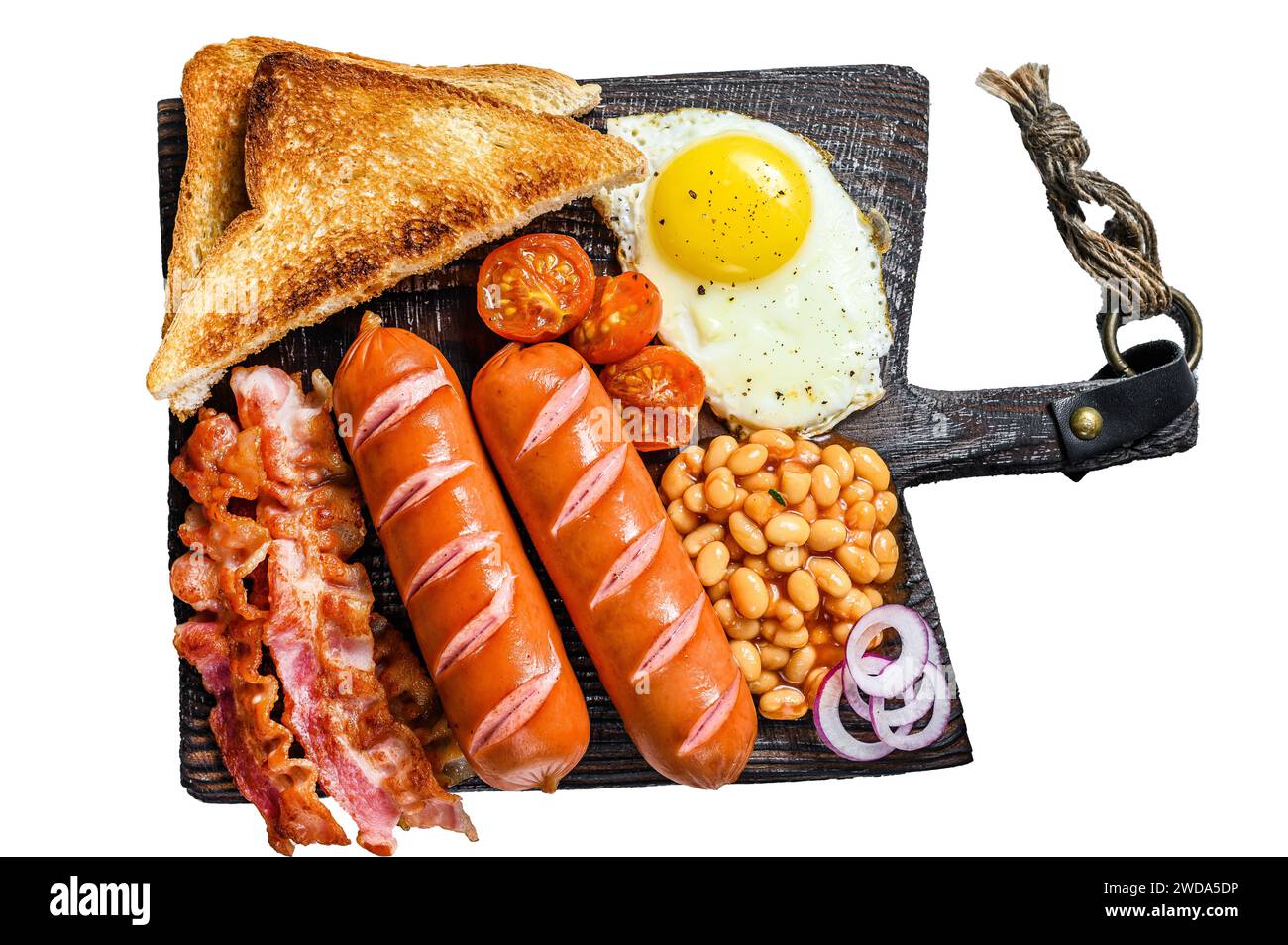 Full fry up English breakfastt with fried eggs, sausages, bacon, beans ...