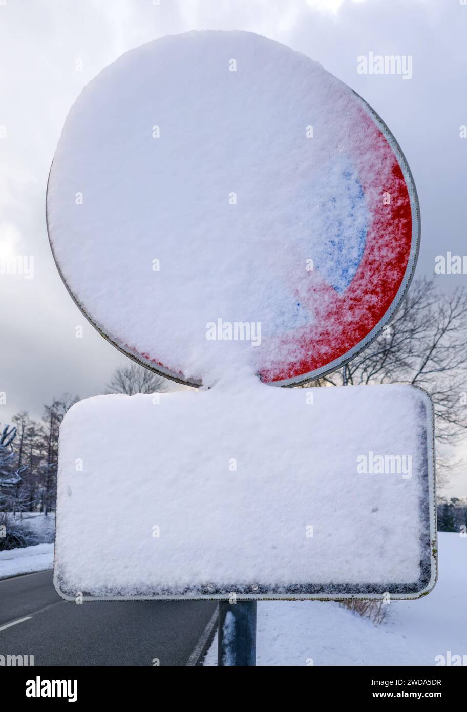 Snowy road signs covered in snow in winter, Bavaria, Germany Stock ...