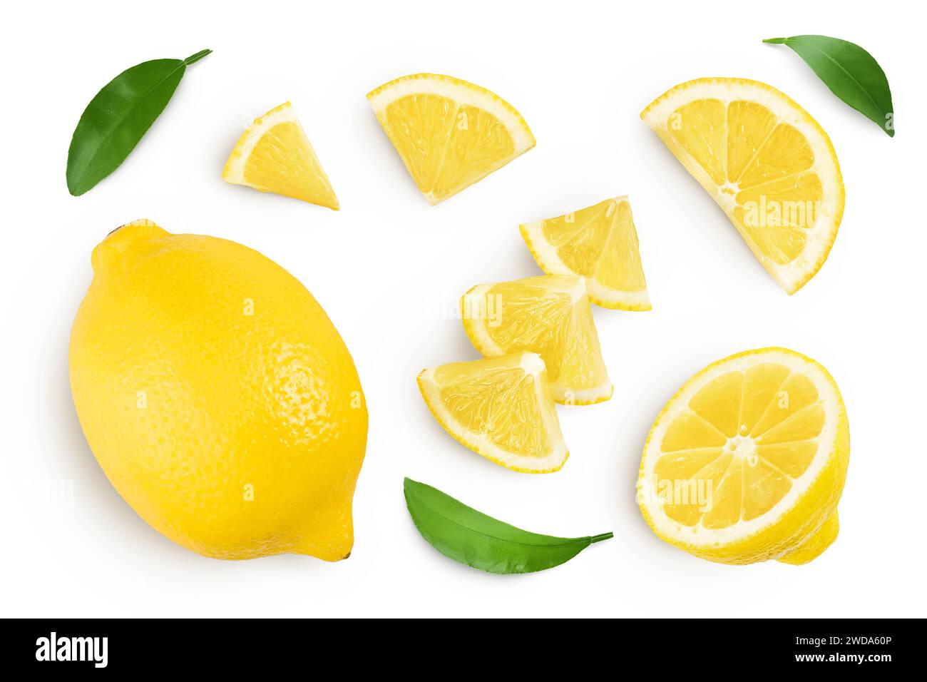 Ripe lemon with slices isolated on white background with full depth of ...