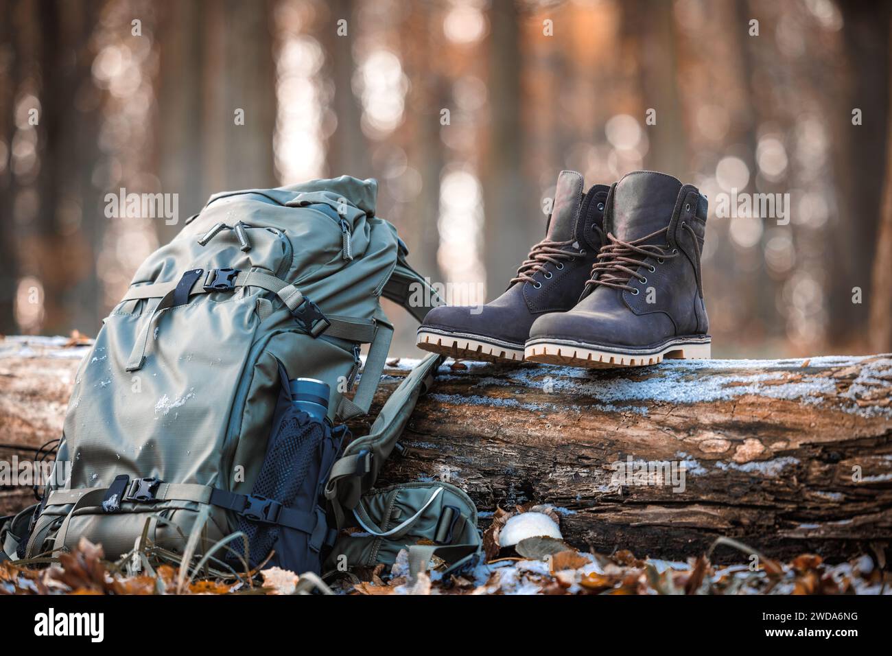 Hiking equipment in forest. Backpack with thermos and leather ankle ...