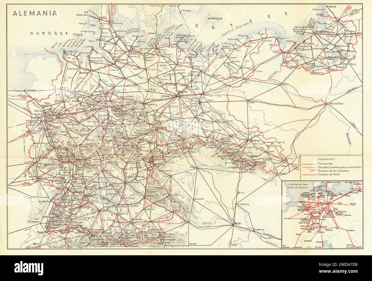 1930s transport map of Germany in Italian (cropped Stock Photo - Alamy