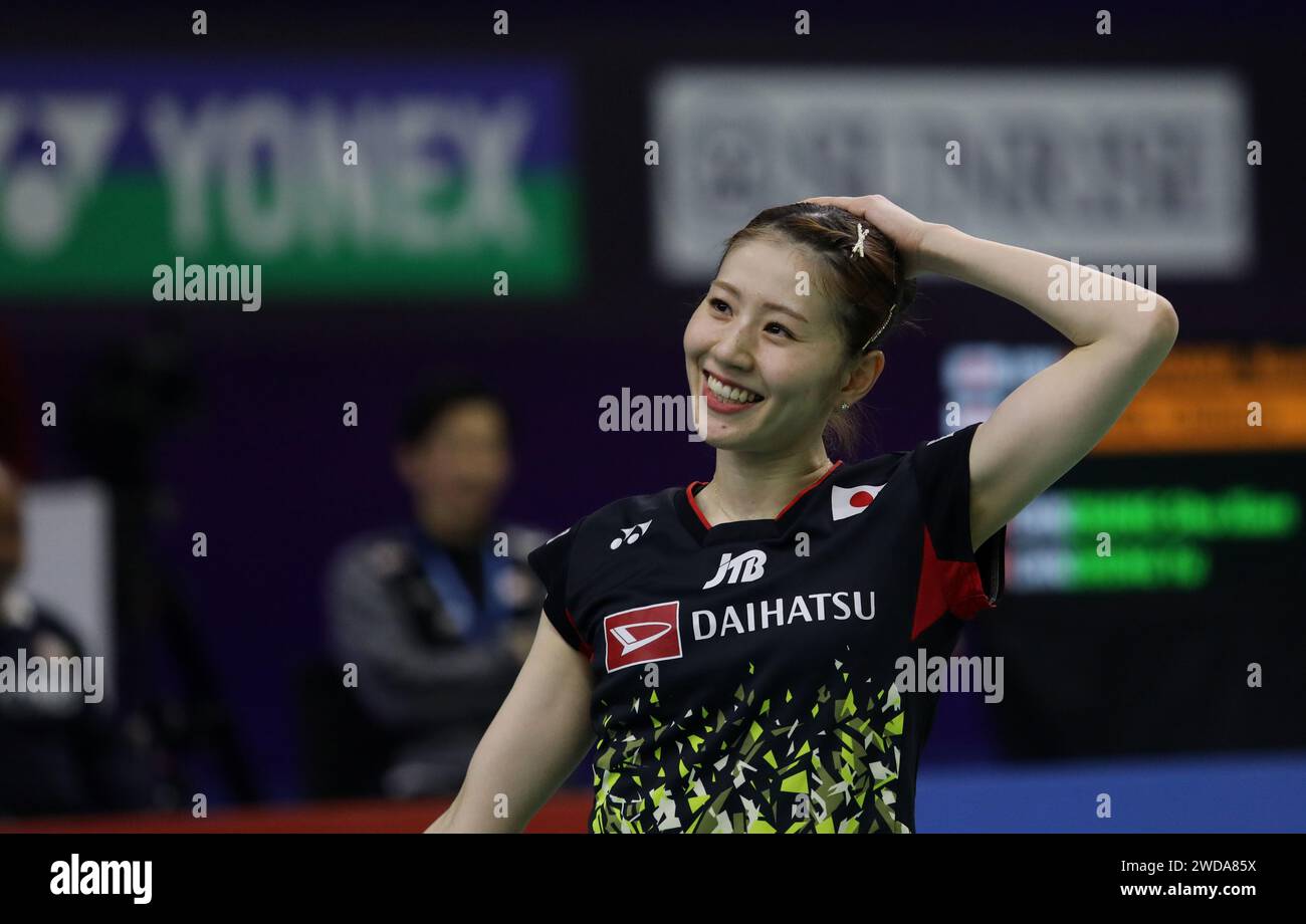 New Delhi, India. 19th Jan, 2024. Japan's Chiharu Shida reacts against ...