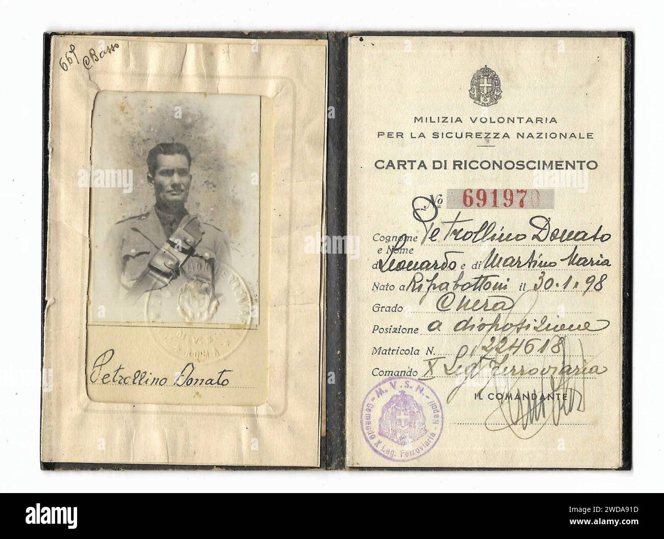 1941 Italian Blackshirt identity card issued to a Ferroviaria Legion 10 ...