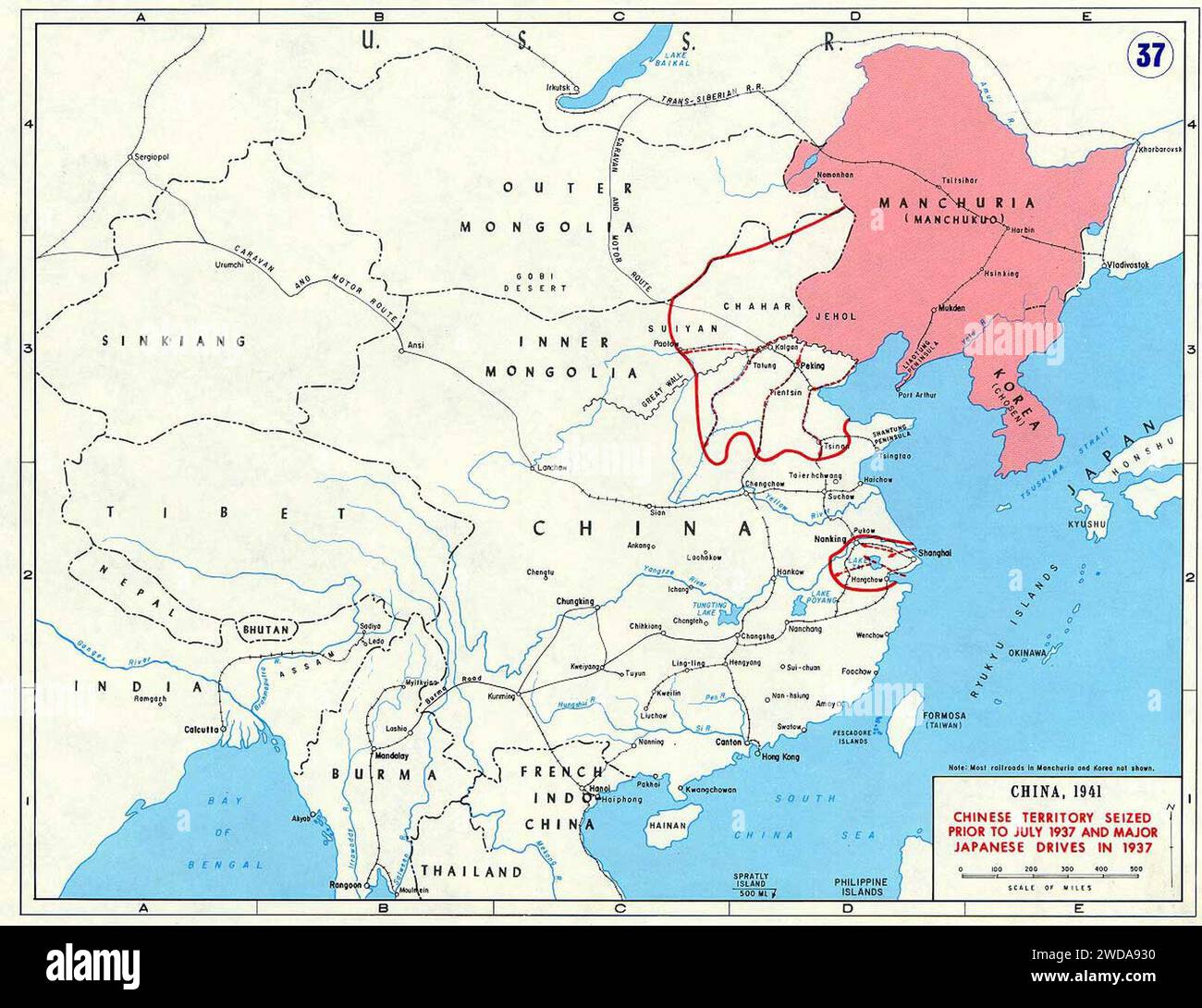 1941 map, Chinese Territory Seized Prior to July 1937 and Major ...