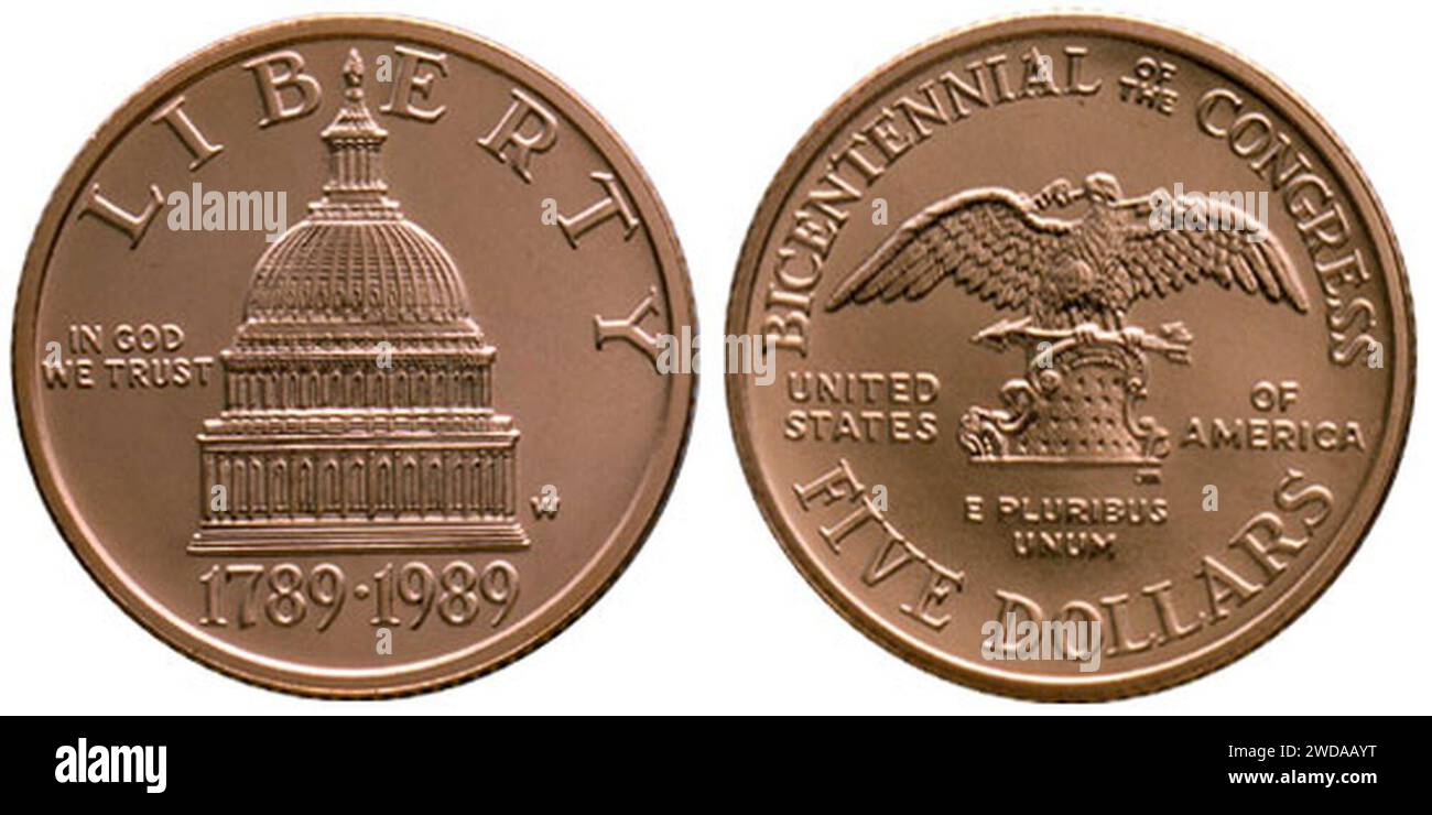 1989 US Congress Bicentennial $5 Gold Half Eagle Obverse and Reverse ...