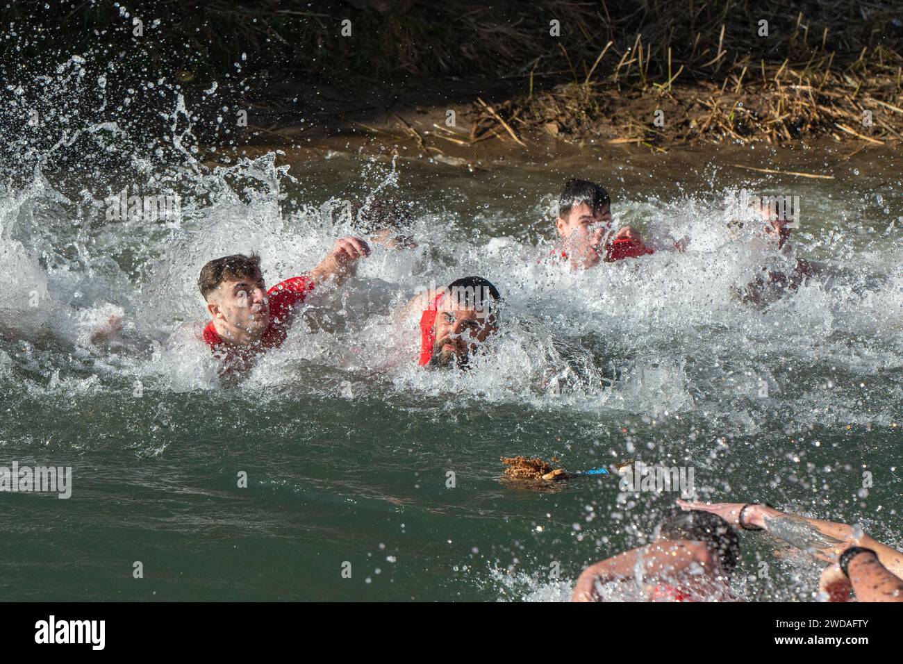 People in the water , trying to catch holy wooden cross . Part of ...