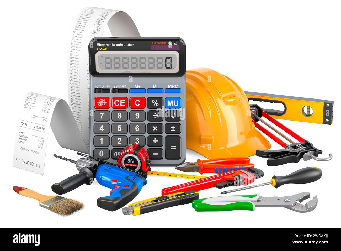 Calculator with construction tools and printed receipt. Calculating ...