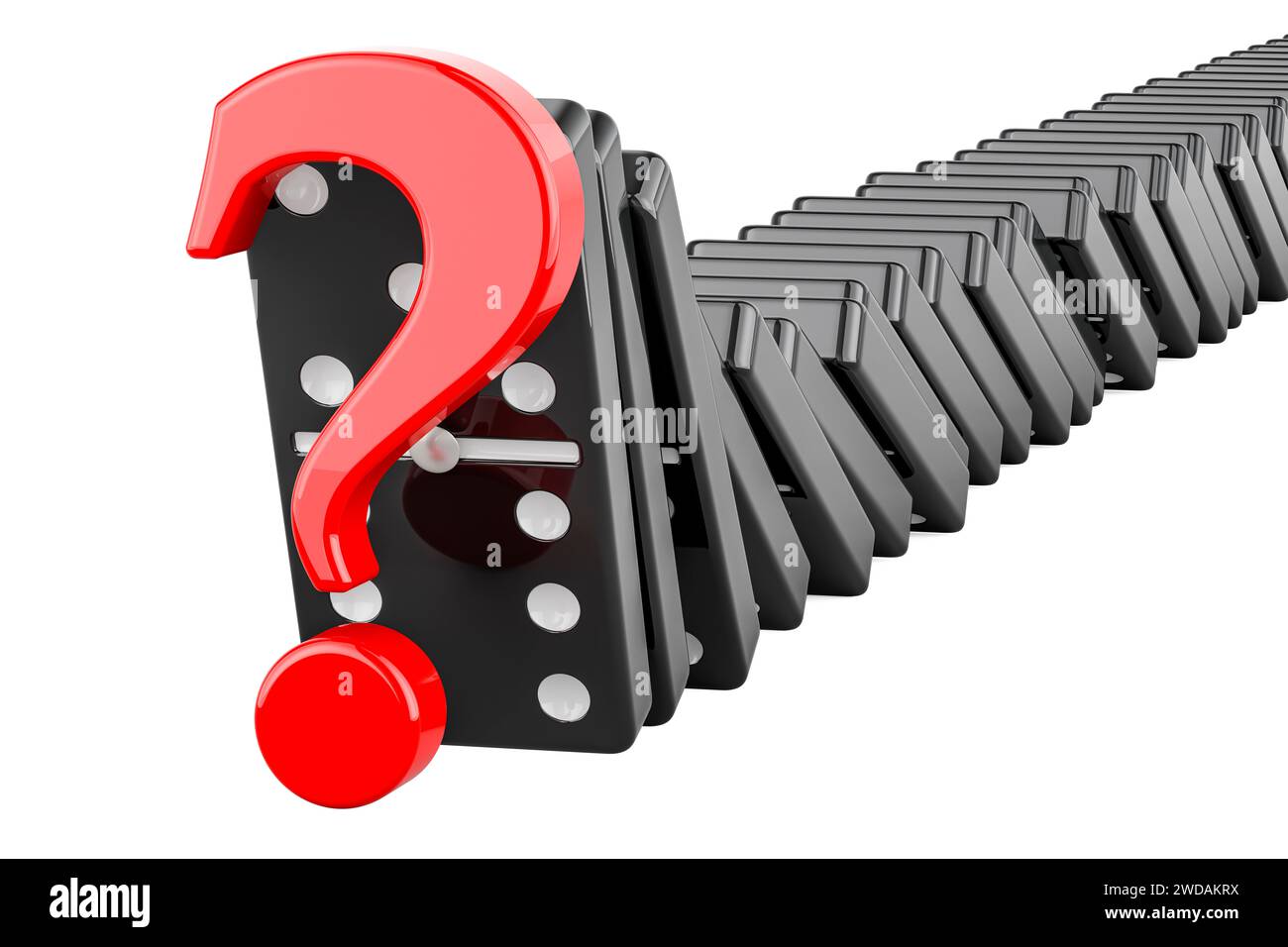 Domino effect. Question symbol stopping the domino effect. 3D rendering ...