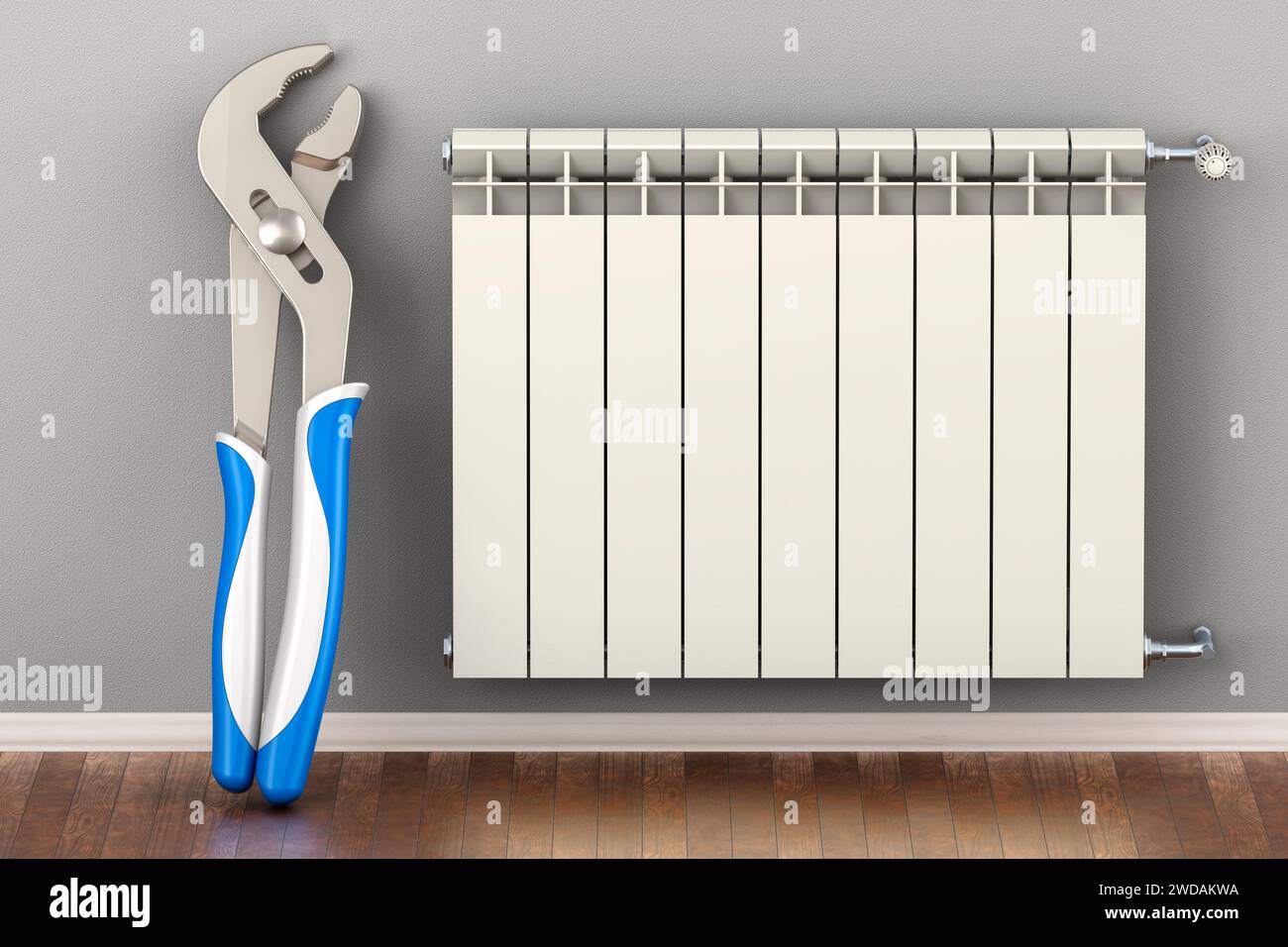 Heating radiator with radiator thermostatic valve with pipe wrench in ...