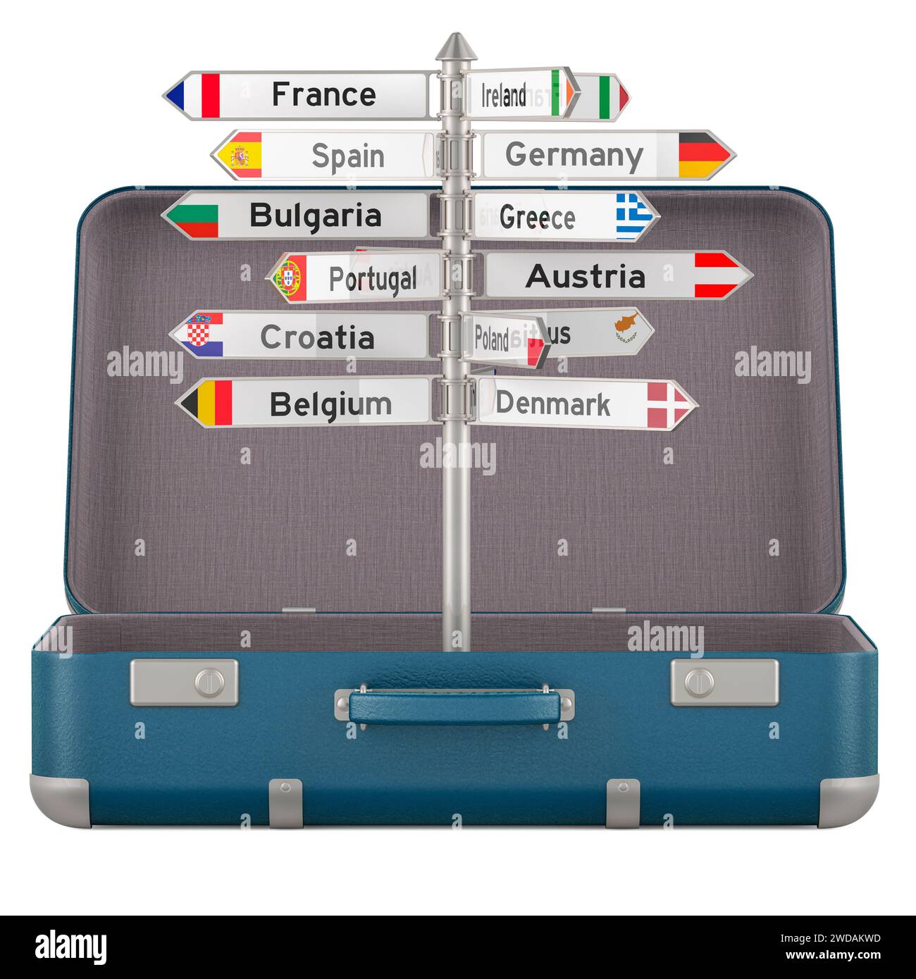 Signpost with names of countries inside suitcase. Travel concept. 3D ...