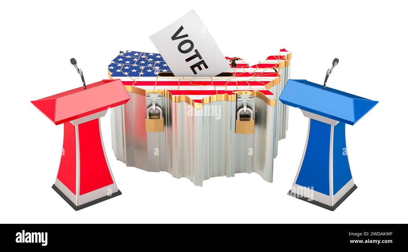 USA debate, concept with ballot box and tribunes. 3D rendering isolated ...