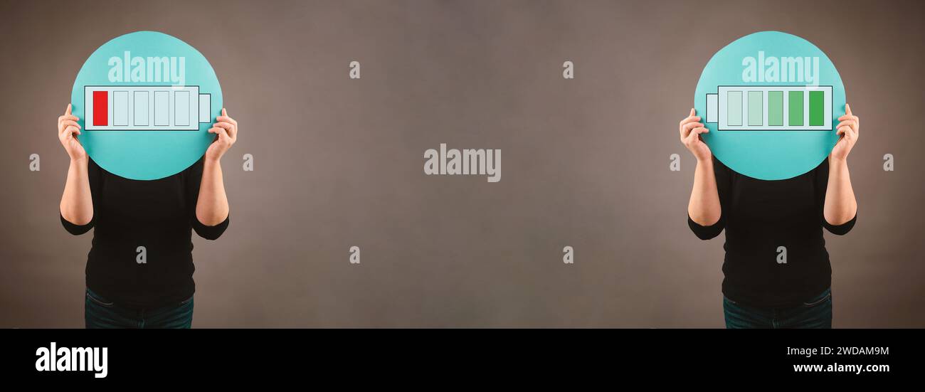 Mind with an empty and a full battery, exhausted by stress, healthy ...