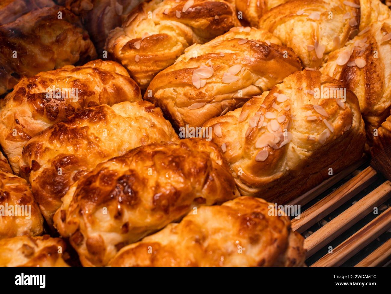The Delicious bread placed on wooden shelves, these breads have ...