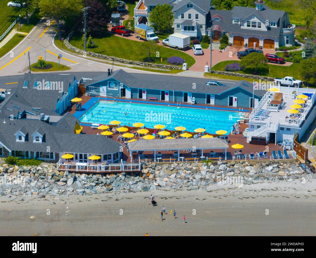 The Beach Club house aerial view at Sawyers Beach in summer with Ocean ...