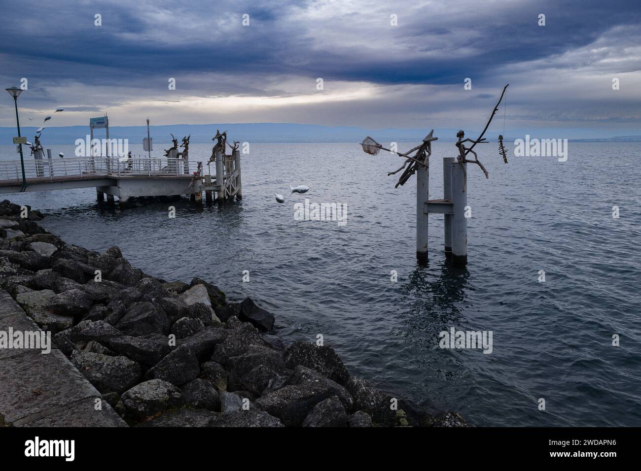 Seagulls perched on pier by waterfront Stock Photo - Alamy